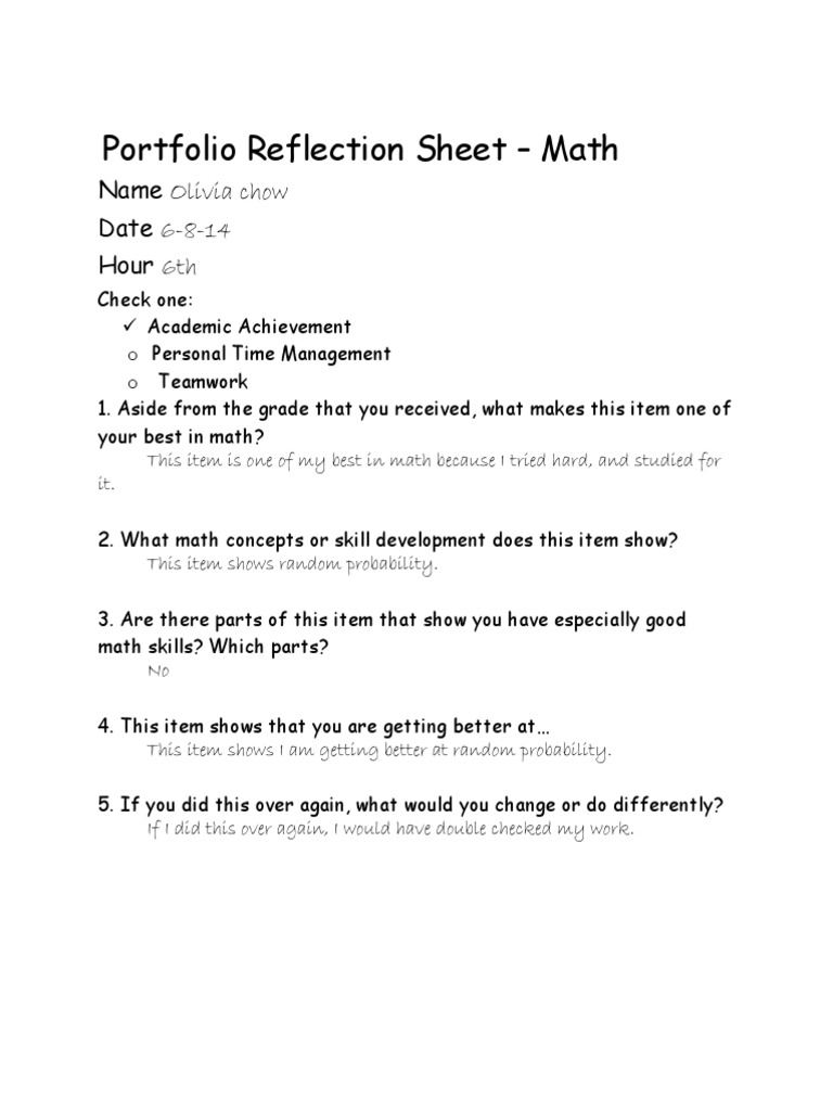 Math Portfolio Reflection Sheet | PDF | Self-Improvement