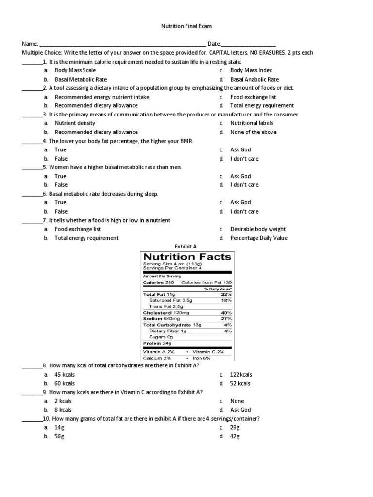 Nutrition Final Exam Questions and Answers | PDF | Calorie | Diet ...