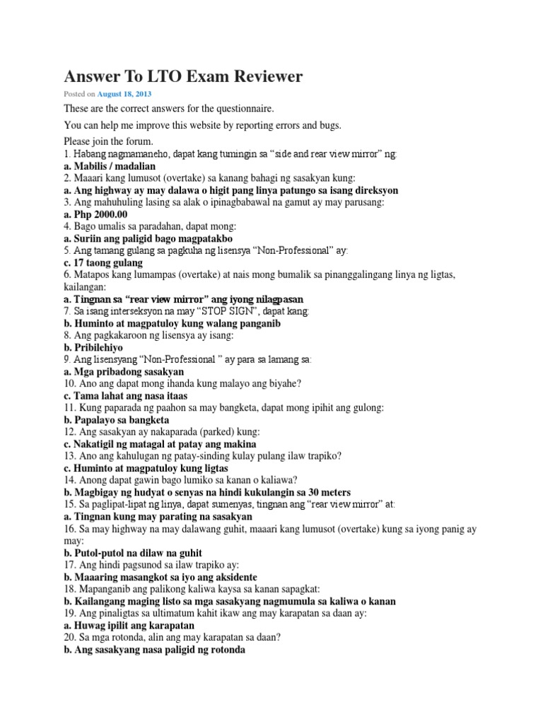 Answer To LTO Exam Reviewer | PDF