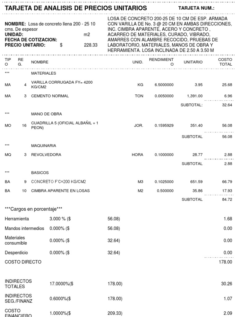 Tarjeta de Precio Unitario LOSA de CONCRETO