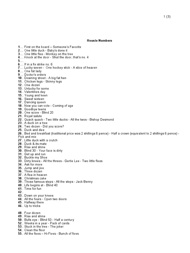 Housie Numbers | PDF | Sports
