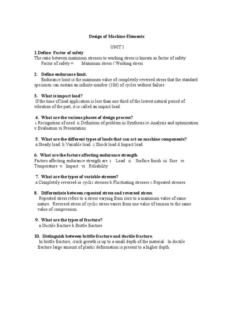 Design of Machine Elements ME1302 2 Marks Question | PDF | Fracture ...