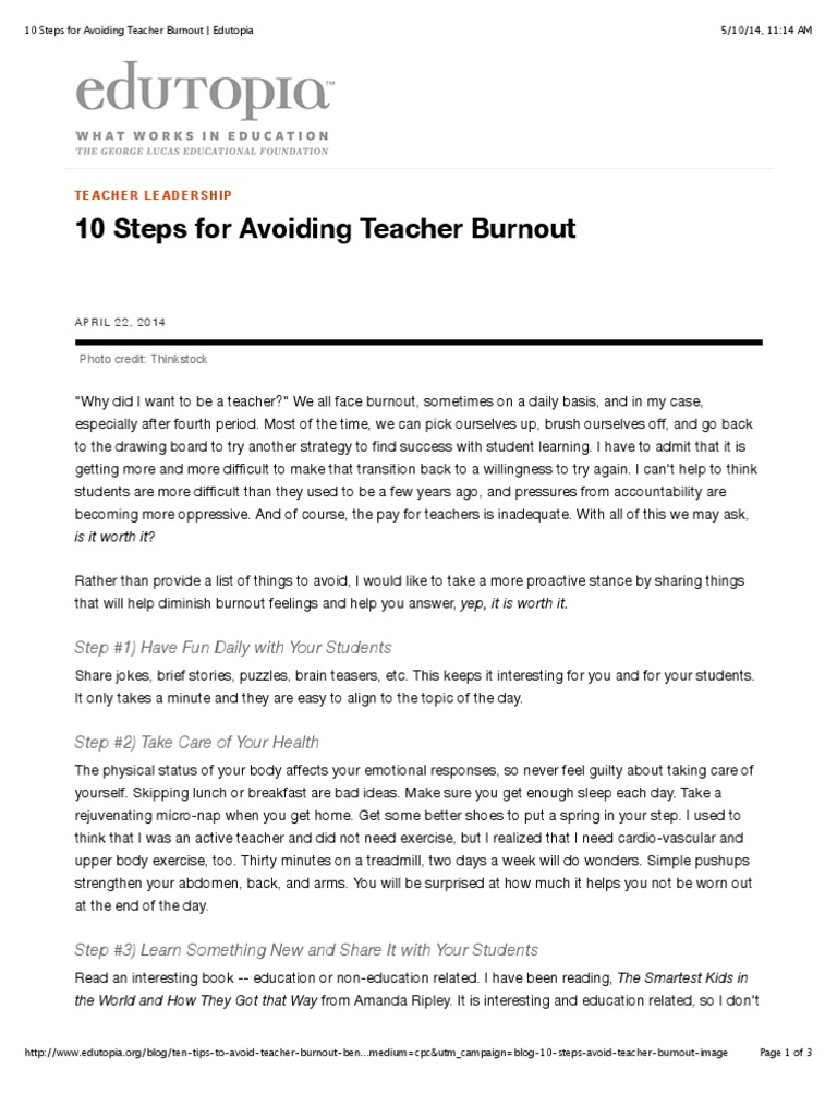 10 Steps For Avoiding Teacher Burnout | PDF | Teaching And Learning ...