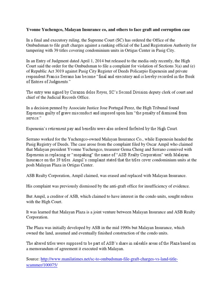 Yvonne Yuchengco To Face Graft and Corruption Case | PDF | Condominium ...