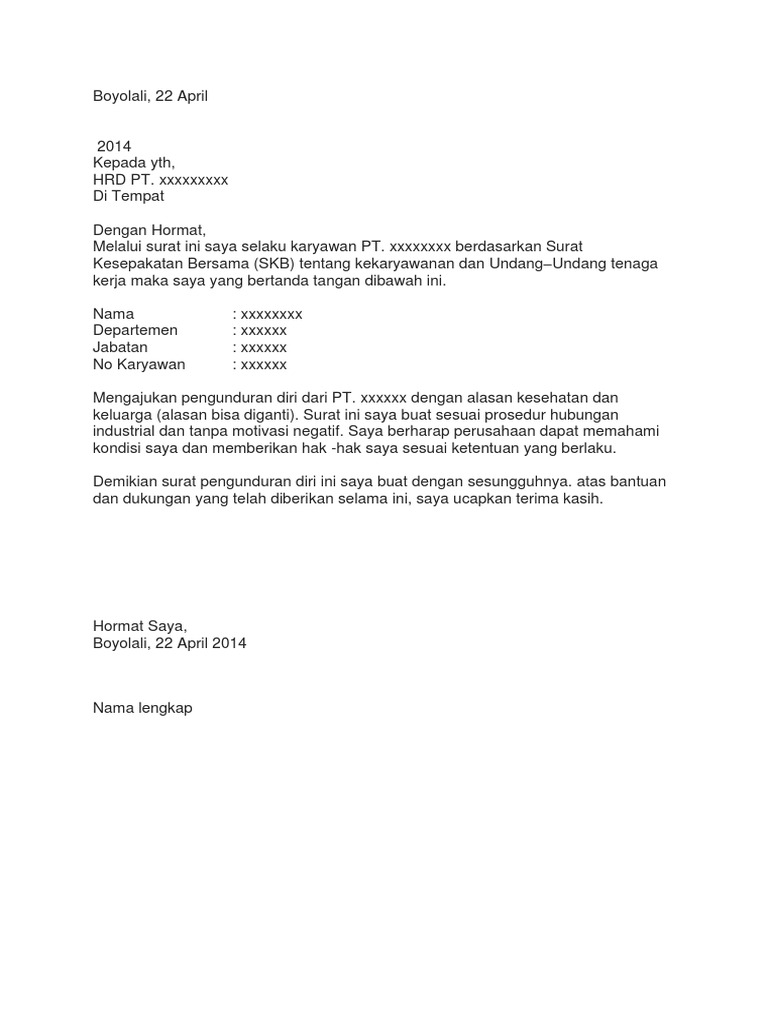 Contoh Surat Pengunduran Diri | PDF