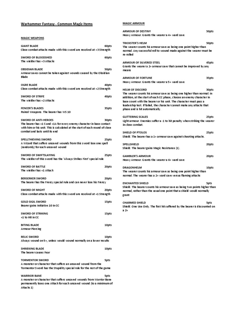 Warhammer Fantasy - Magic Items | PDF | Sword | Amulet