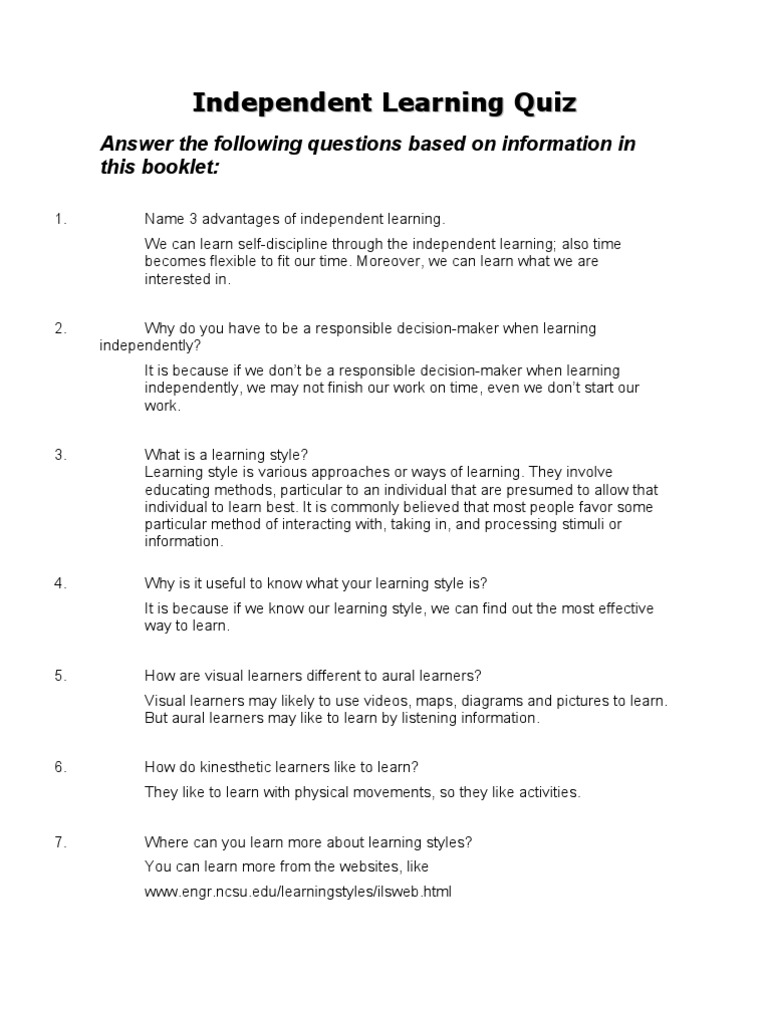Independent Learning Quiz | PDF | Learning Styles | Learning