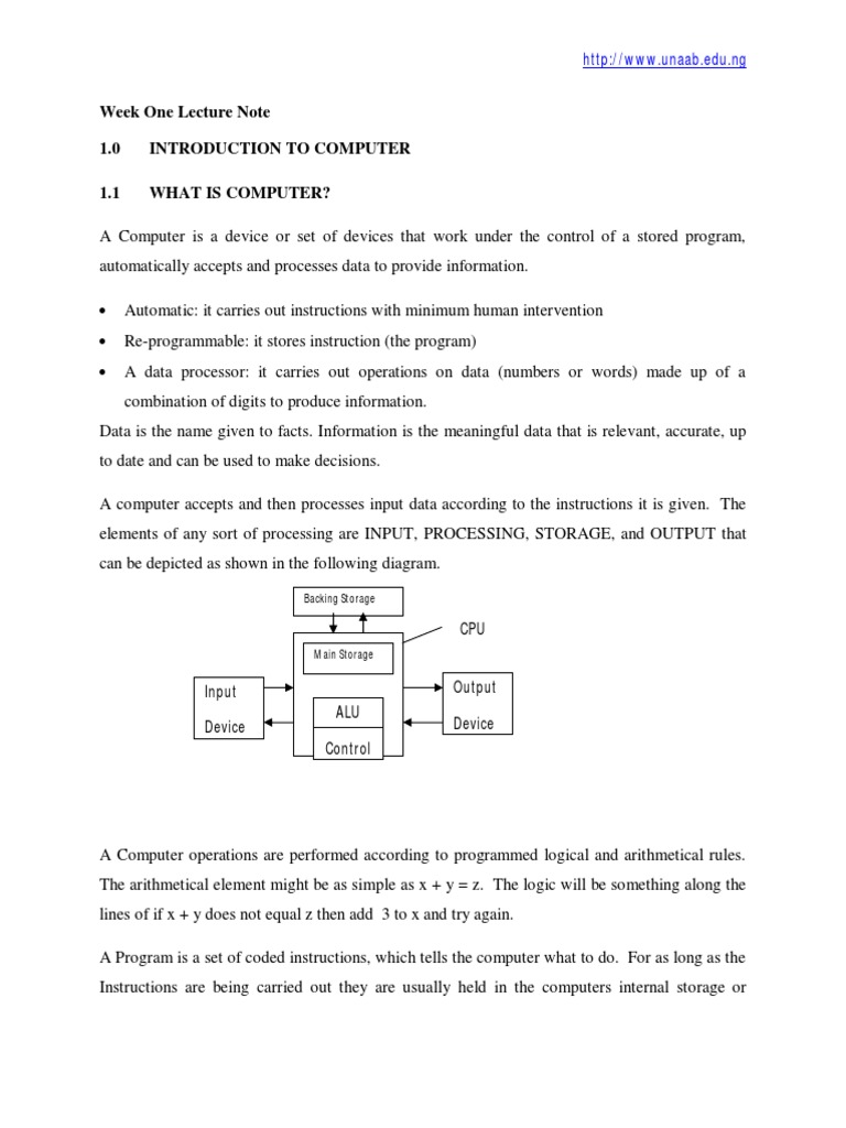 Week One Lecture Note 1.0 Introduction To Computer 1.1 What Is Computer ...