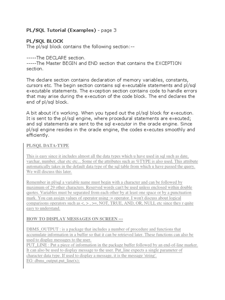 PL/SQL Tutorial (Examples) - Page 3 PL/SQL Block | PDF | Pl/Sql ...