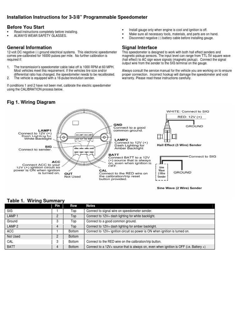 Installation Instructions For 3-3/8" Programmable Speedometer Before ...