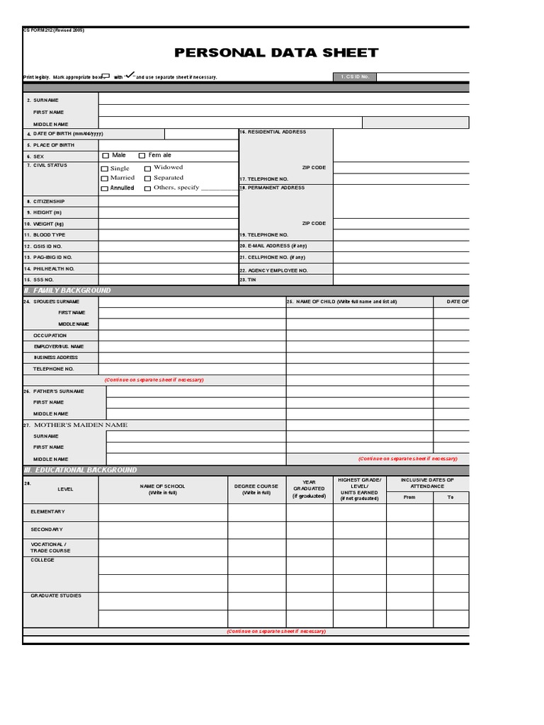 CSC Form 212.. Pds | PDF | Government | Social Institutions