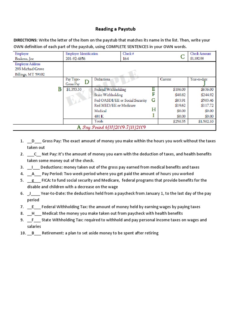 Reading A Paystub Worksheet | PDF | Finance & Money Management | Business