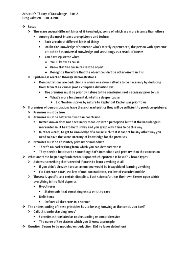 Aristotle's Theory of Knowledge Notes Part2 | PDF | Nous | Rationalism