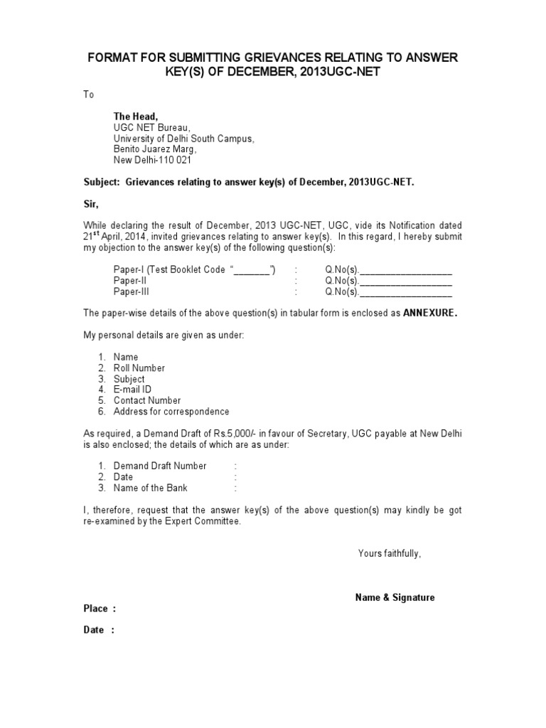 Format For Submitting Grievances Relating To Answer Key (S) of December ...