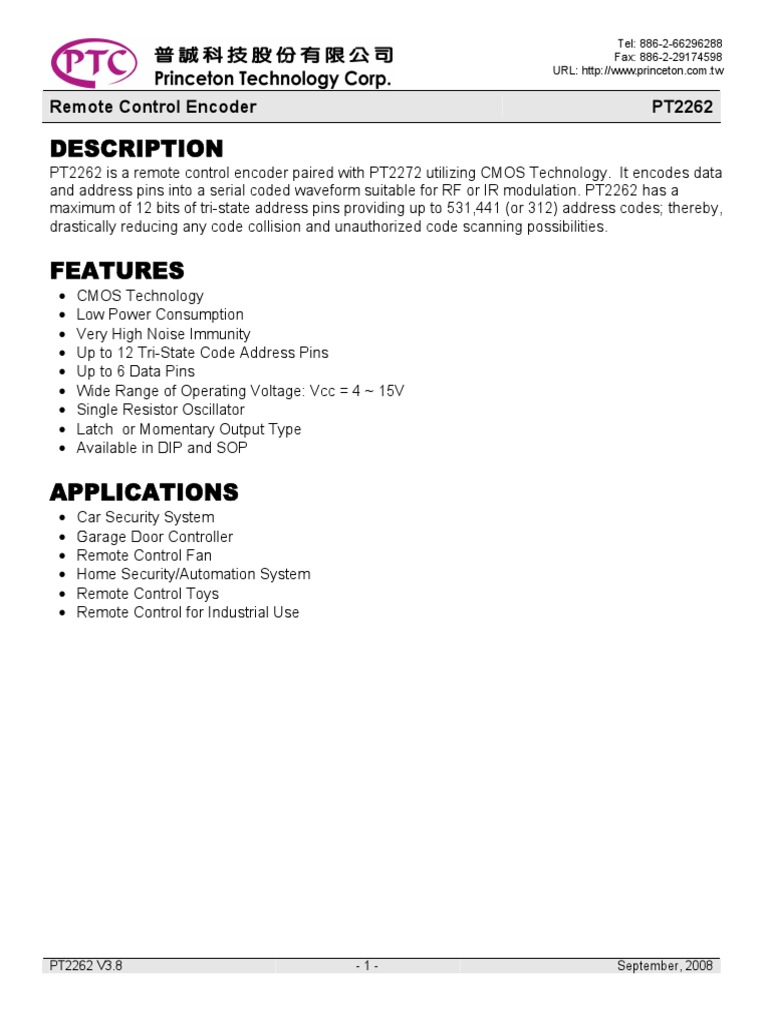 PT2262 | PDF | Remote Control | Electronic Oscillator