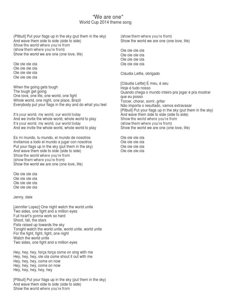 "We Are One": World Cup 2014 Theme Song | PDF | Art | Poetry