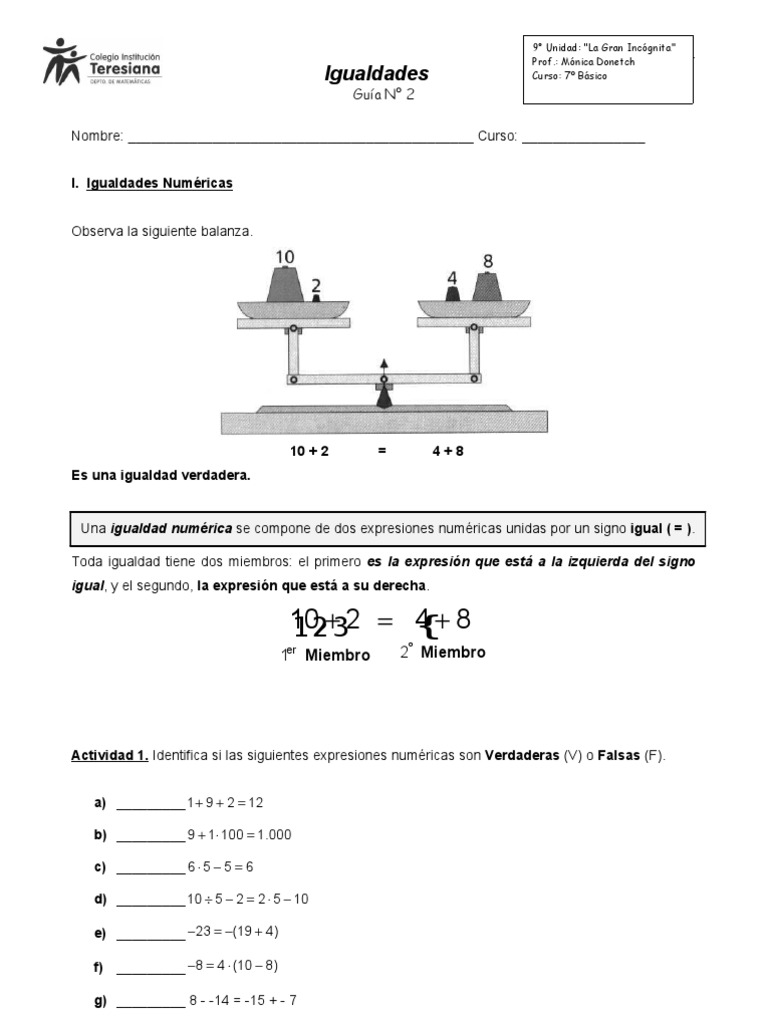 Guia 2 Igualdades | PDF | Enseñanza de matemática