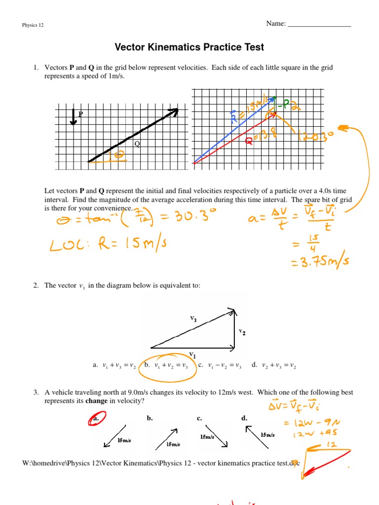 Physics 12 - Vector Kinematics Practice Test Key | Kinematics | Velocity
