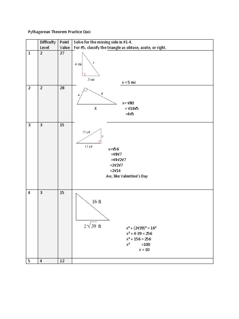 Pythagorean Theorem Practice Quiz | PDF | Geometric Shapes ...