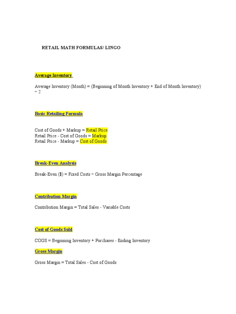 Retail Math Formulas | PDF | Gross Margin | Supply Chain Management