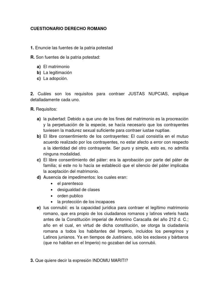 Cuestionario Derecho Romano | PDF | Adopción | Matrimonio