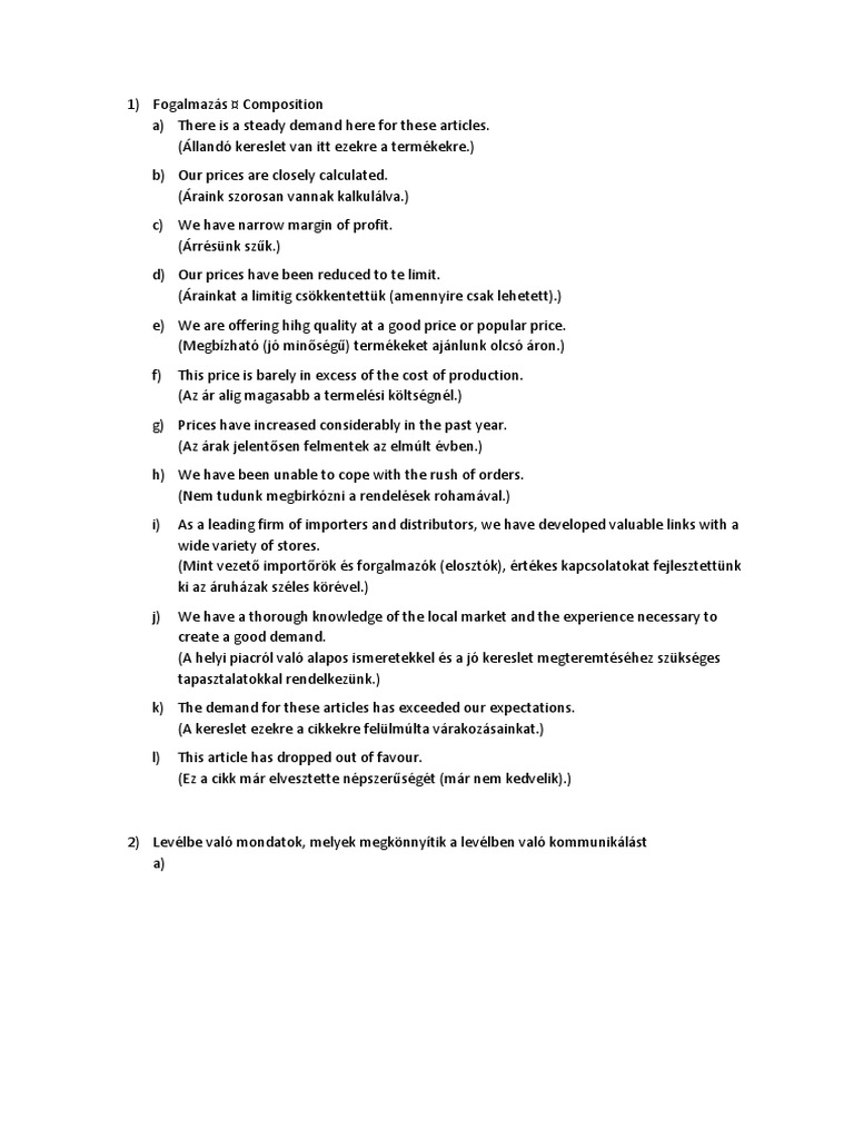 Angol - Fogalmazás És Levél Mondatok