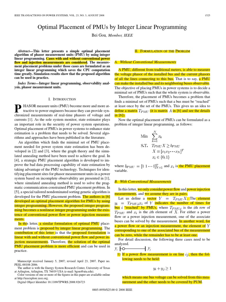 Optimal Placement Of Pmus By Integer Linear Programming Pdf Linear Programming Inequality