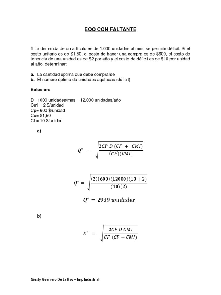 Ejercicios Eoq Con Faltante | PDF