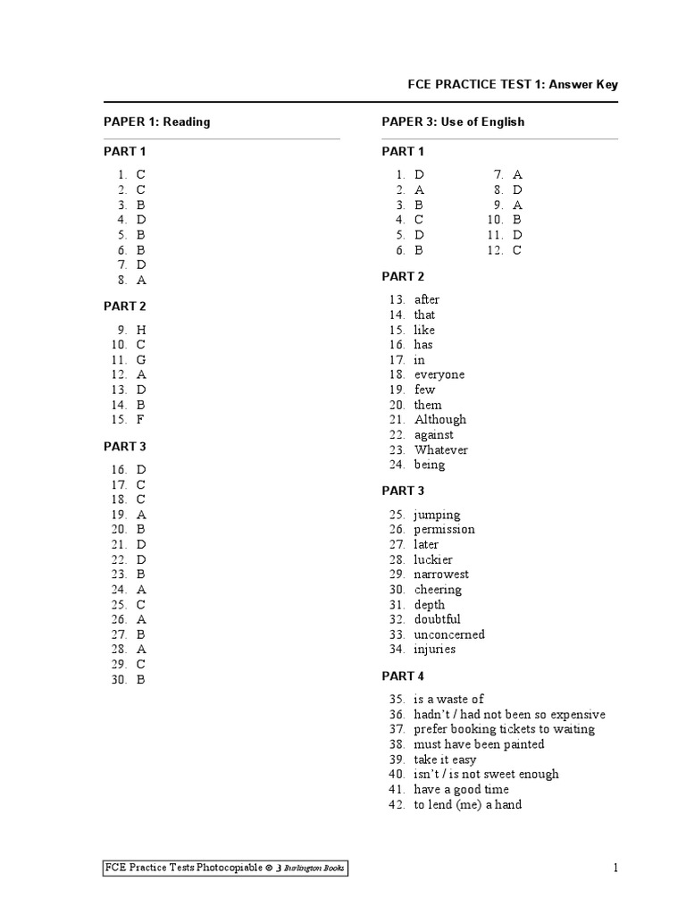 Fce Practice Test 1: Answer Key PAPER 1: Reading PAPER 3: Use of ...