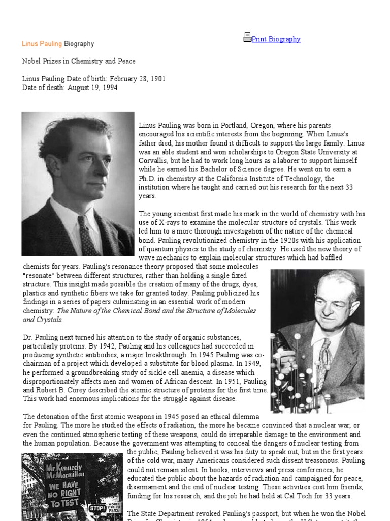 Linus Pauling Biography | PDF | Alpha Helix | Biomolecular Structure