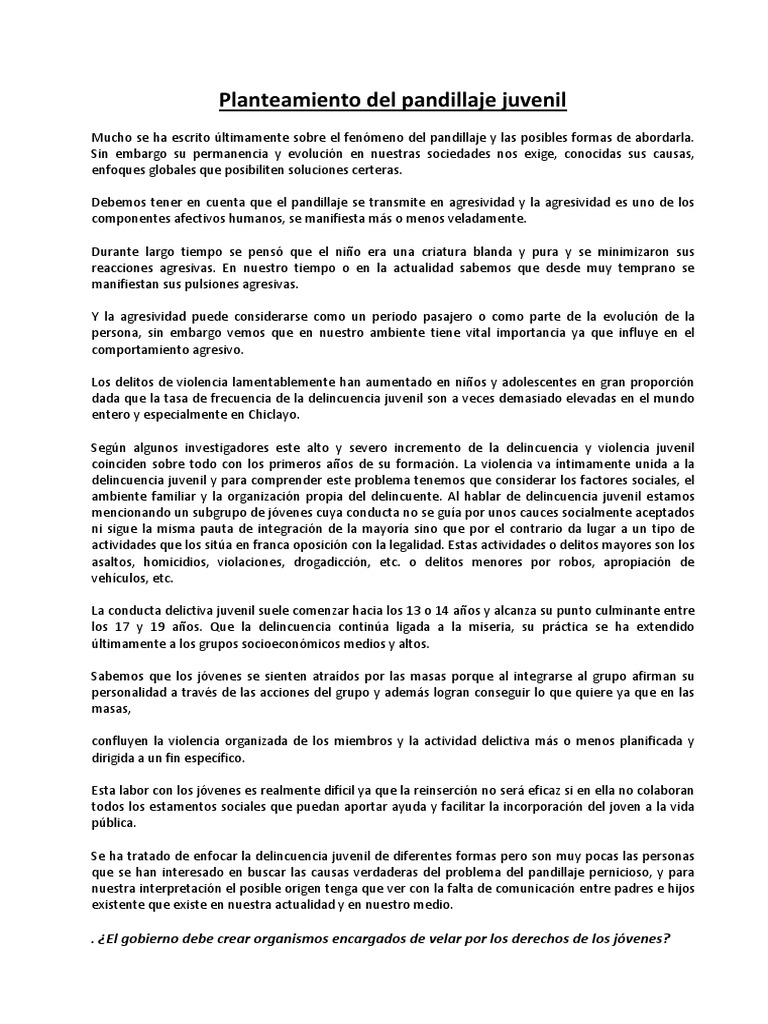 Planteamiento Del Pandillaje Juvenil | PDF | La delincuencia juvenil | Juventud