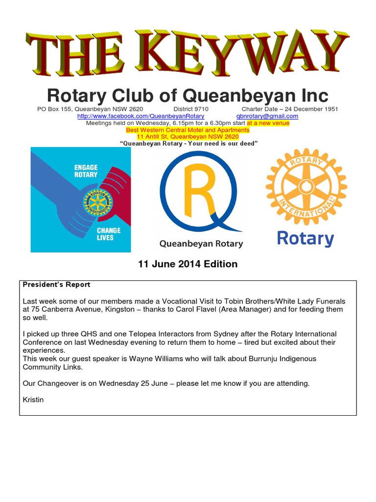 Rotary Club of Queanbeyan Inc: 11 June 2014 Edition | PDF | Business
