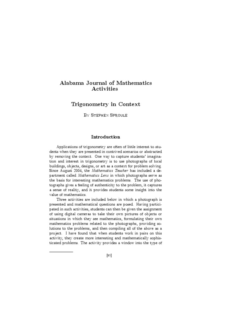 Alabama Journal of Mathematics Activities Trigonometry in Context | PDF ...