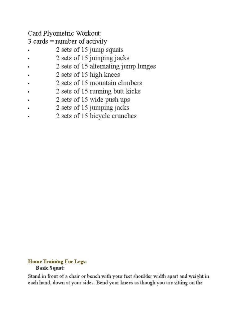 Card Plyometric Workout: 3 Cards Number of Activity: Basic Squat | PDF ...