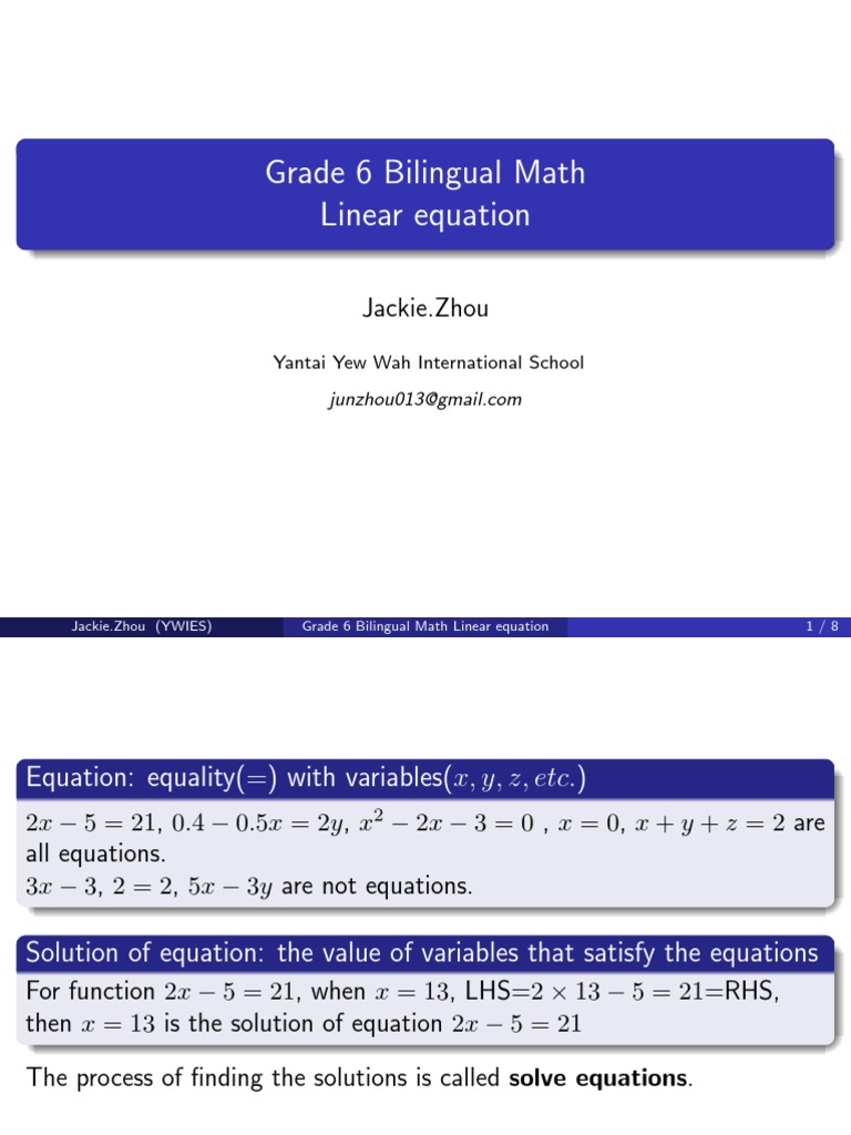 Grade 6 Bilingual Math Linear Equation: Jackie - Zhou | PDF | Equations ...