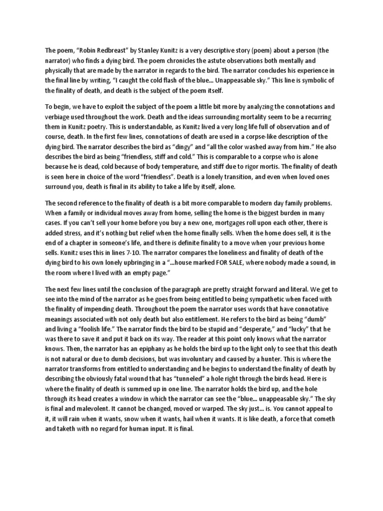 Analysis of Symbolism in The Poem, "Robin Redbreast," by Stanley Kunitz ...