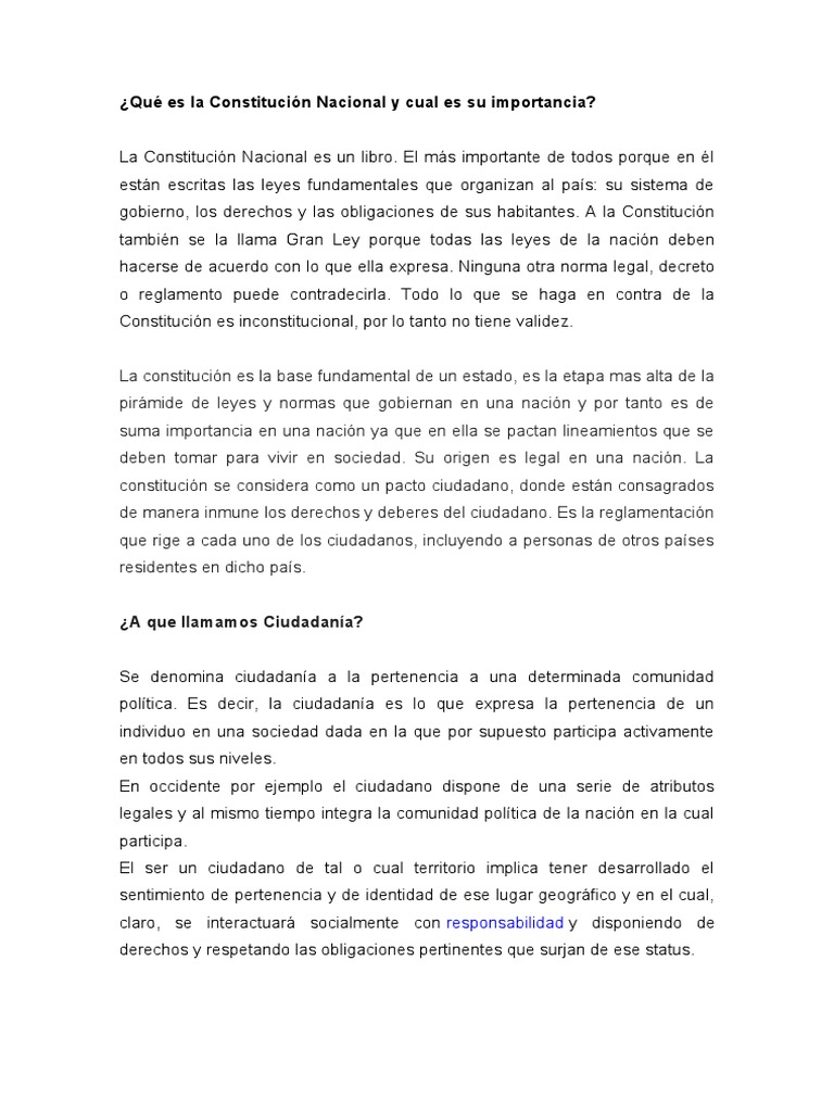 Qué Es La Constitución Nacional Y Cual Es Su Importancia Pdf Mar