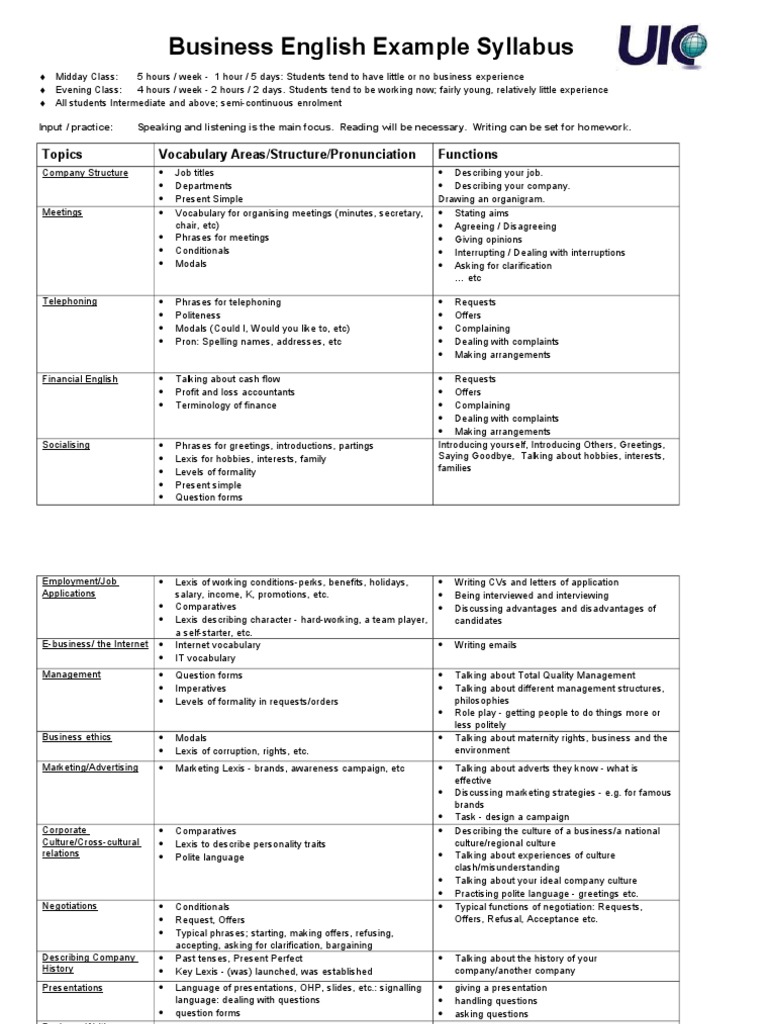 UIC Business English Example Syllabus | PDF | Business | Language Arts ...
