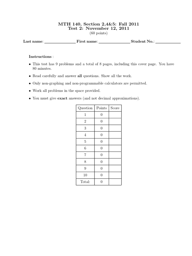Calculus Test for MTH 140 Students | PDF