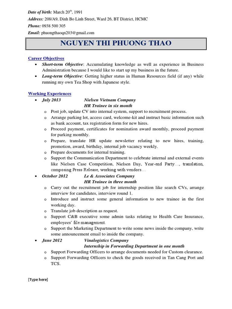 Curriculum Vitae - Nguyen Thi Phuong Thao | PDF | Ho Chi Minh City | Human Resources