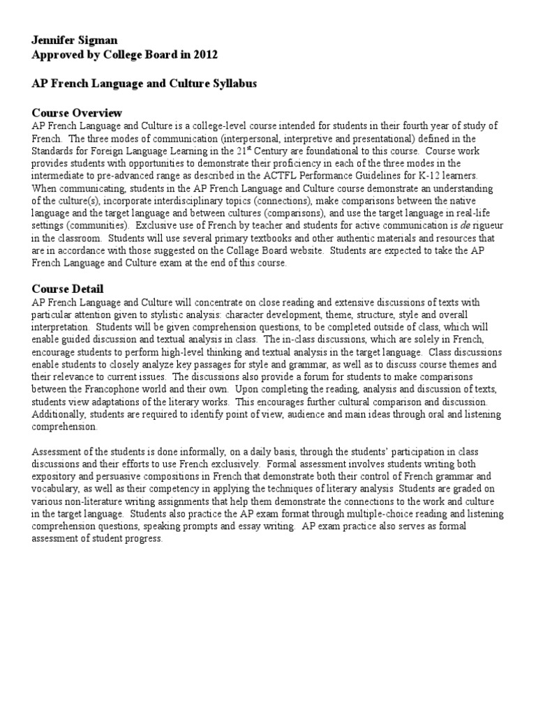 Syllabus - AP French Language and Culture | PDF | Second Language ...