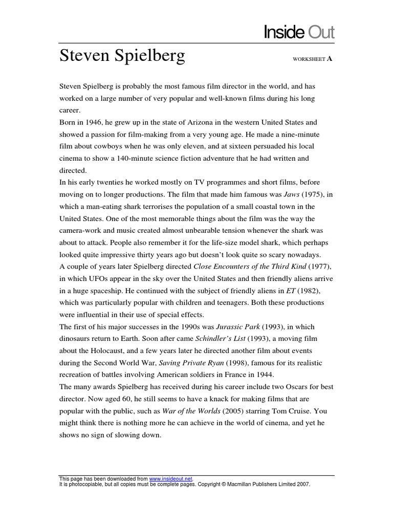 Inside Steven Spielberg: Worksheet | PDF | Cinema | Leisure