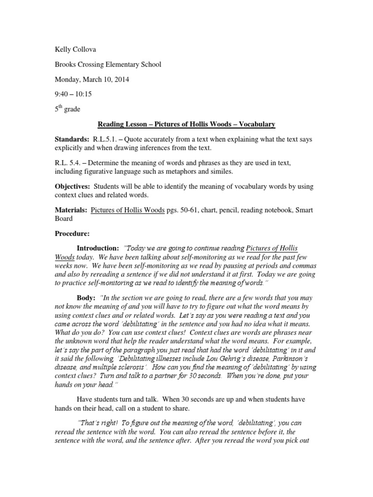 Edu 465 - Reading - Hollis Woods Vocab Lesson | PDF | Learning ...