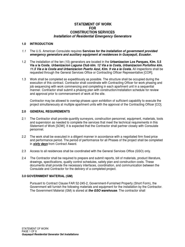 Installation of Residential Emergency Generators: Statement of Work FOR ...