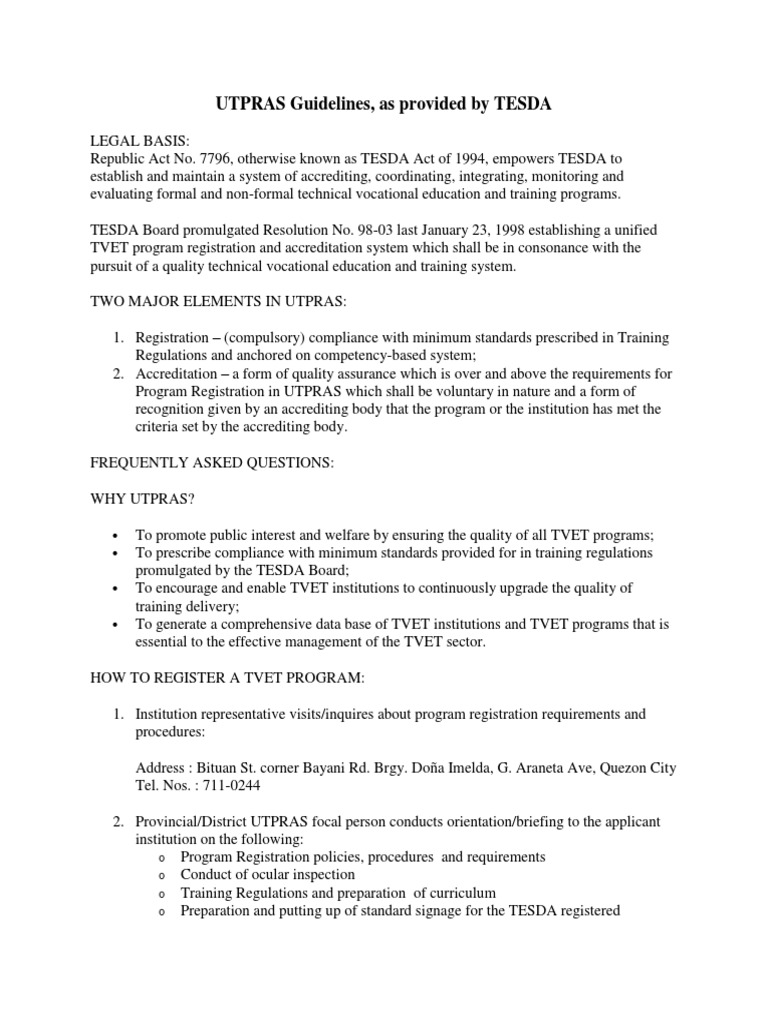 UTPRAS Guidelines, As Provided by TESDA: o o o o | PDF | Vocational ...