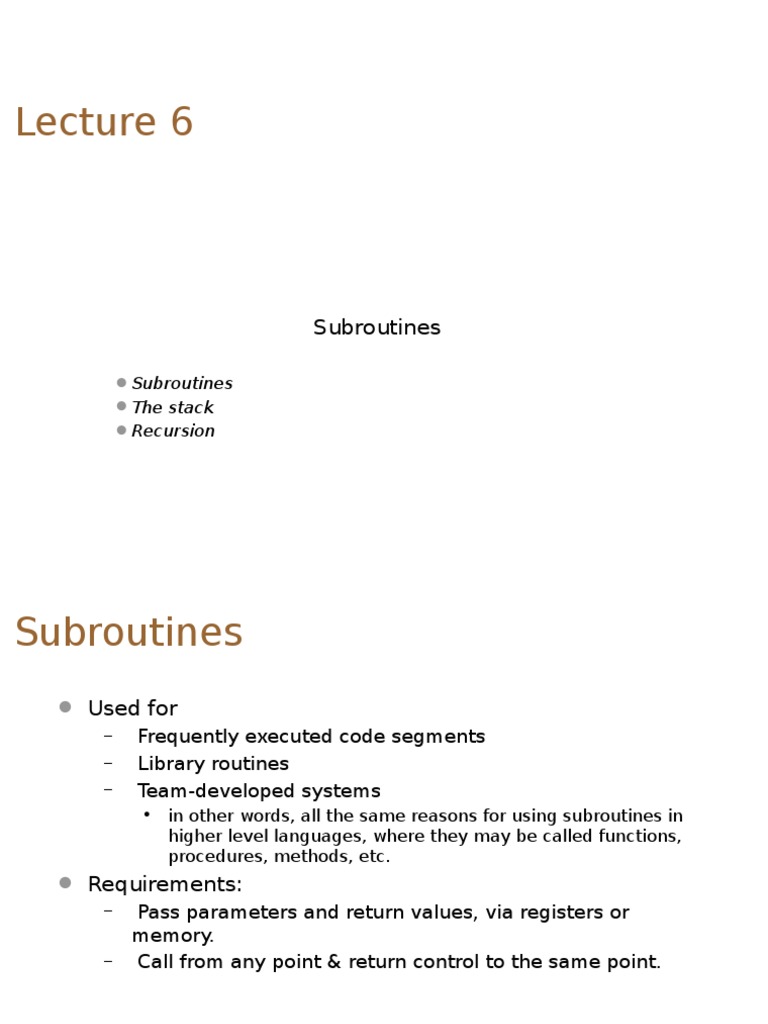 Subroutines: Subroutines The Stack Recursion | PDF | Subroutine | Parameter (Computer Programming)