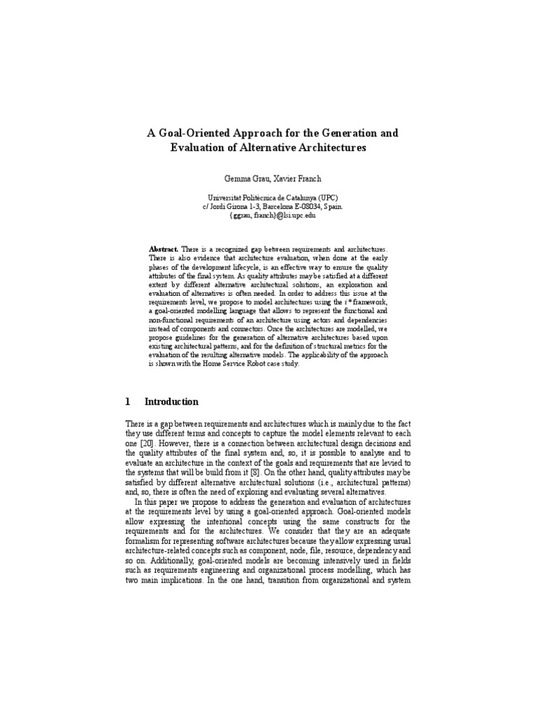 A Goal-Oriented Approach For The Generation and Evaluation of Alternative Architectures | PDF ...