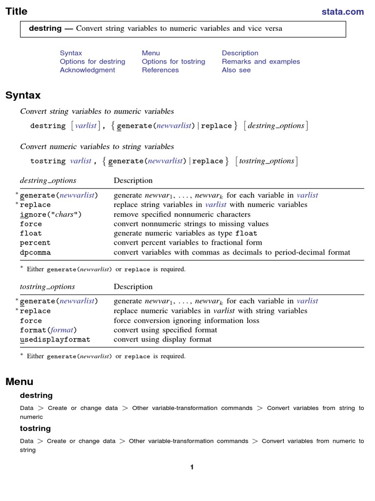 Varlist Newvarlist Destring Convert String Variables To Numeric Variables And Vice Versa 