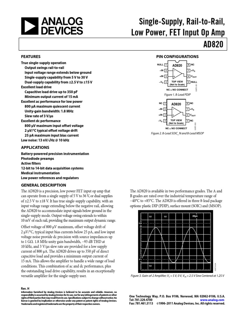 AD820 - Low Power FET Op Amp | PDF | Amplifier | Rectifier