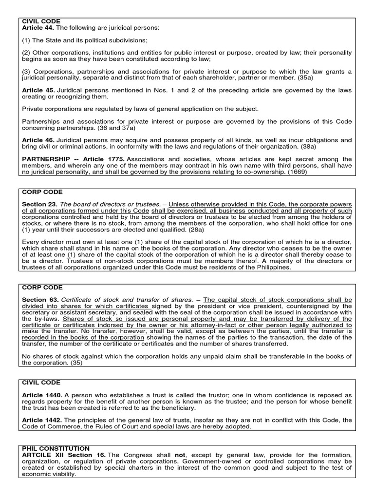 Codal Provisions For Corp Law | PDF | Legal Personality | Corporations